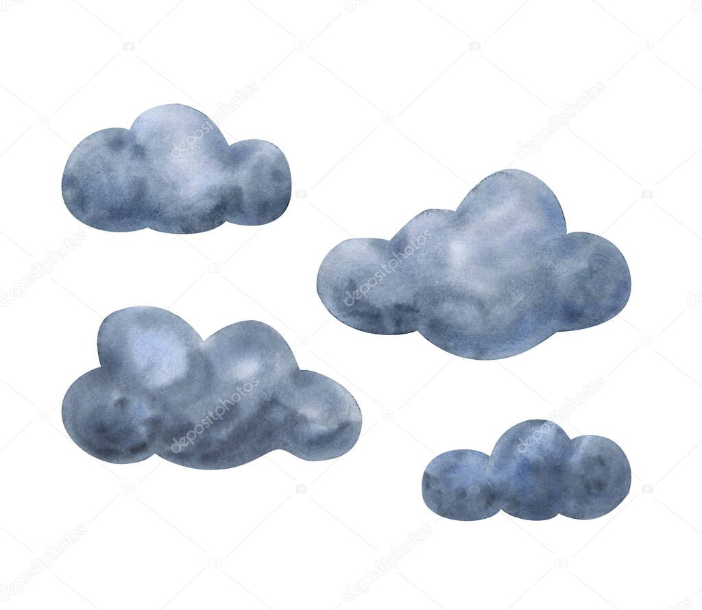 Nubes. Nubes grises. Conjunto de ilustraciones en acuarela. Aislado ...