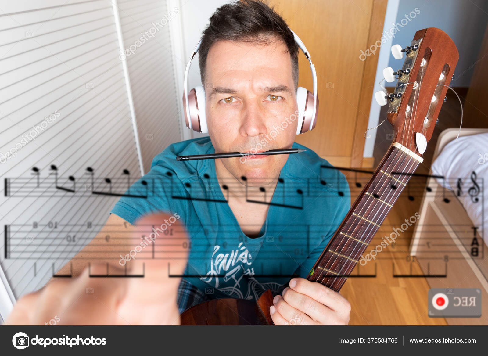 Man Looking Computer Screen Learning Music Play Guitar — Stock Photo ...