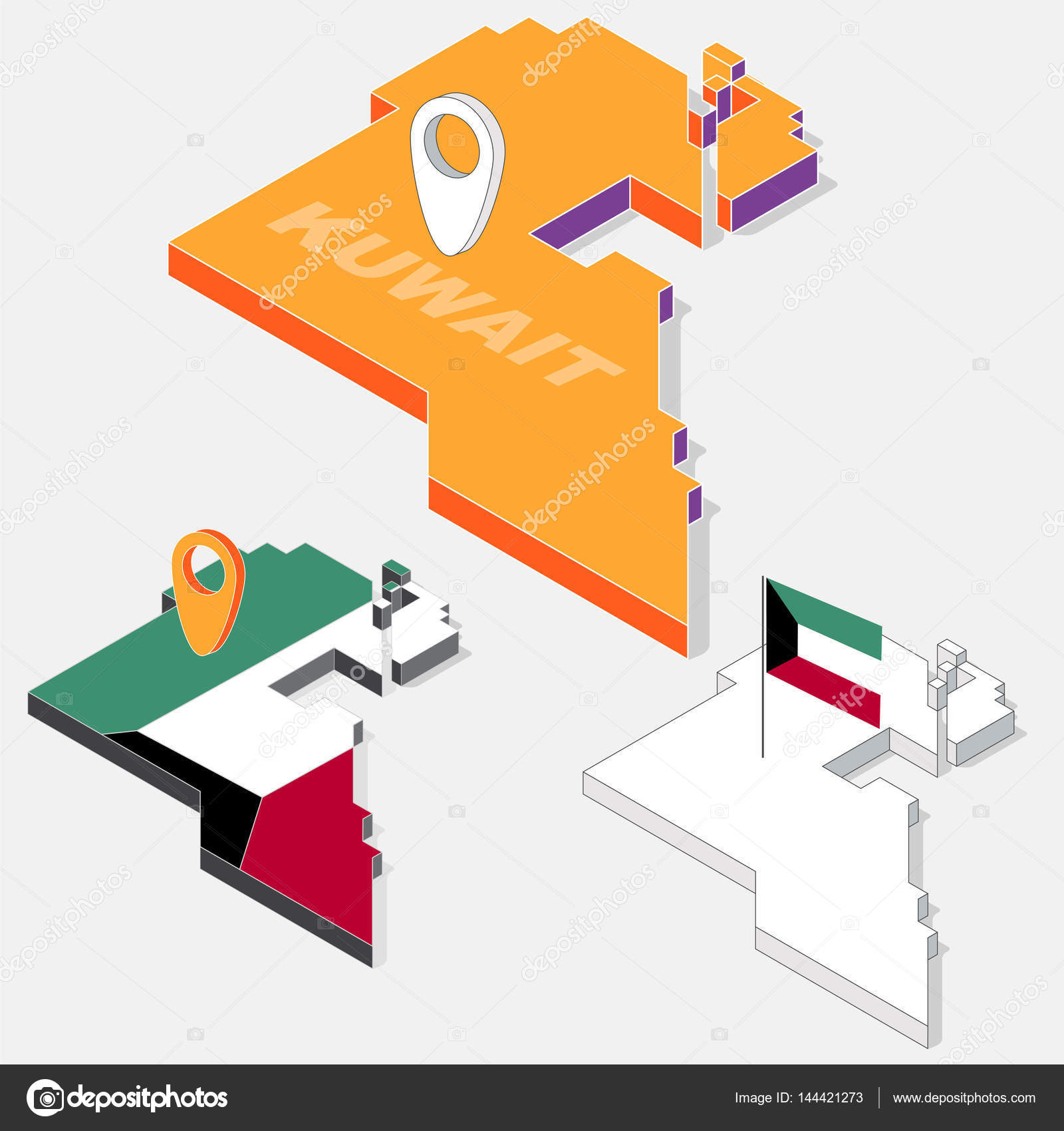 Kuwait flag on map element and 3D isometric shape isolated on ...