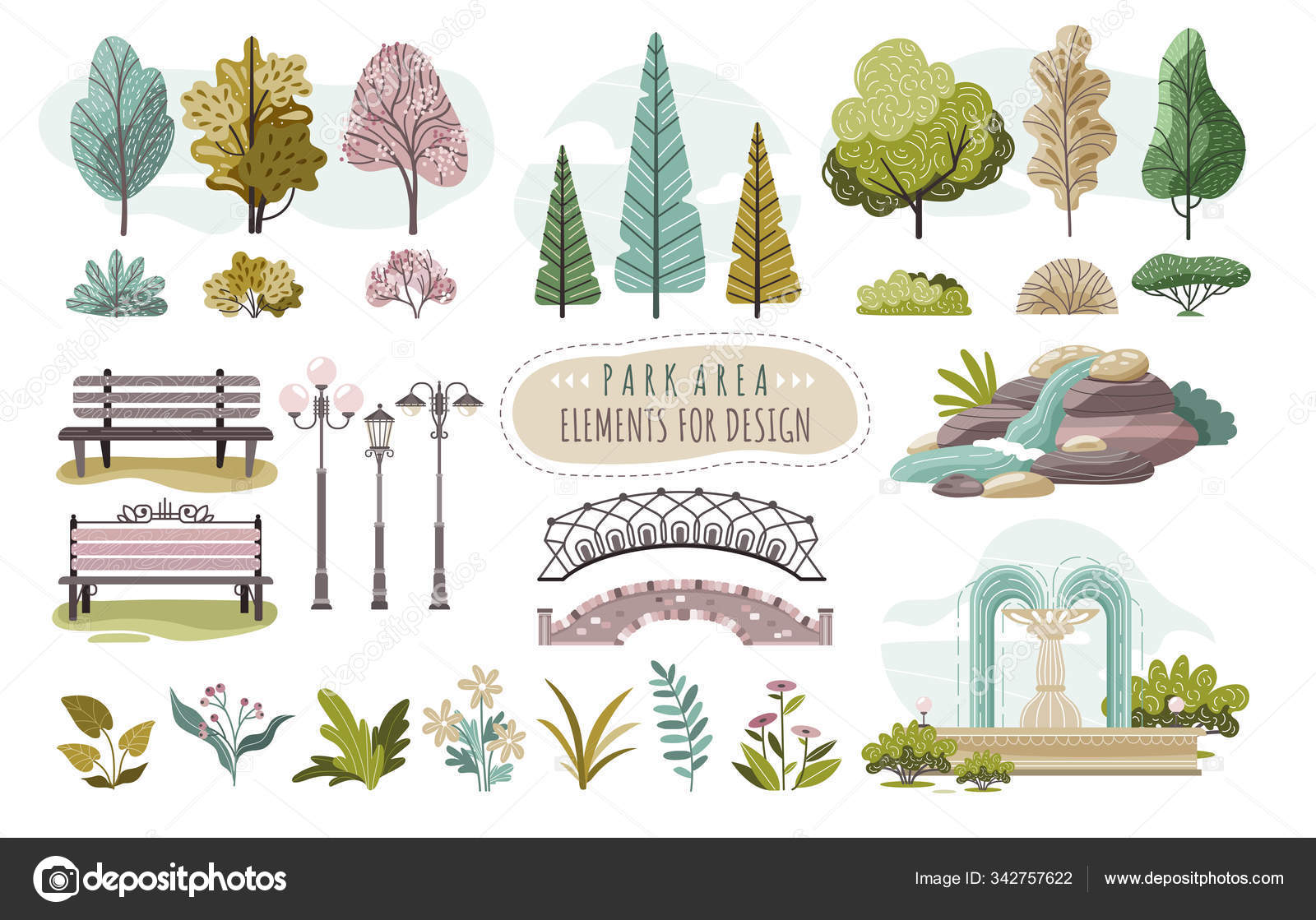 Set of isolated park elements, trees and flowers, vector illustration ...