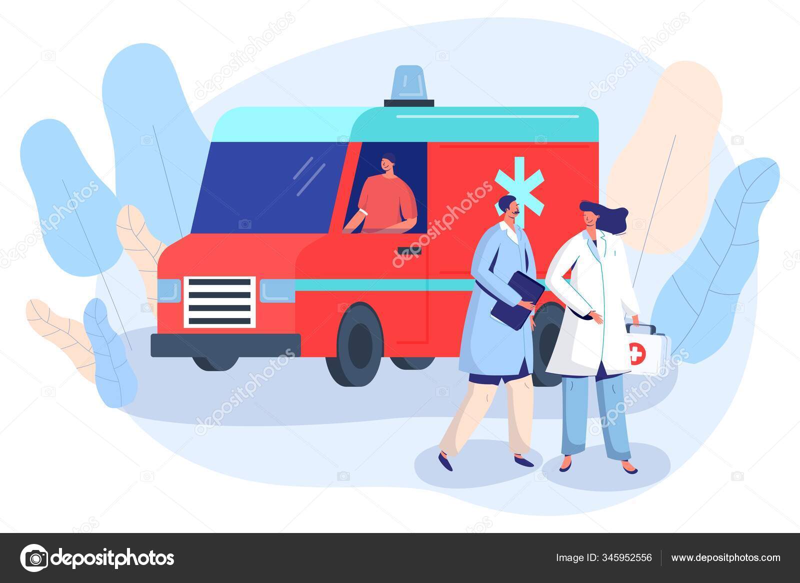 Doctor and nurse at ambulance car, first aid vehicle vector ...