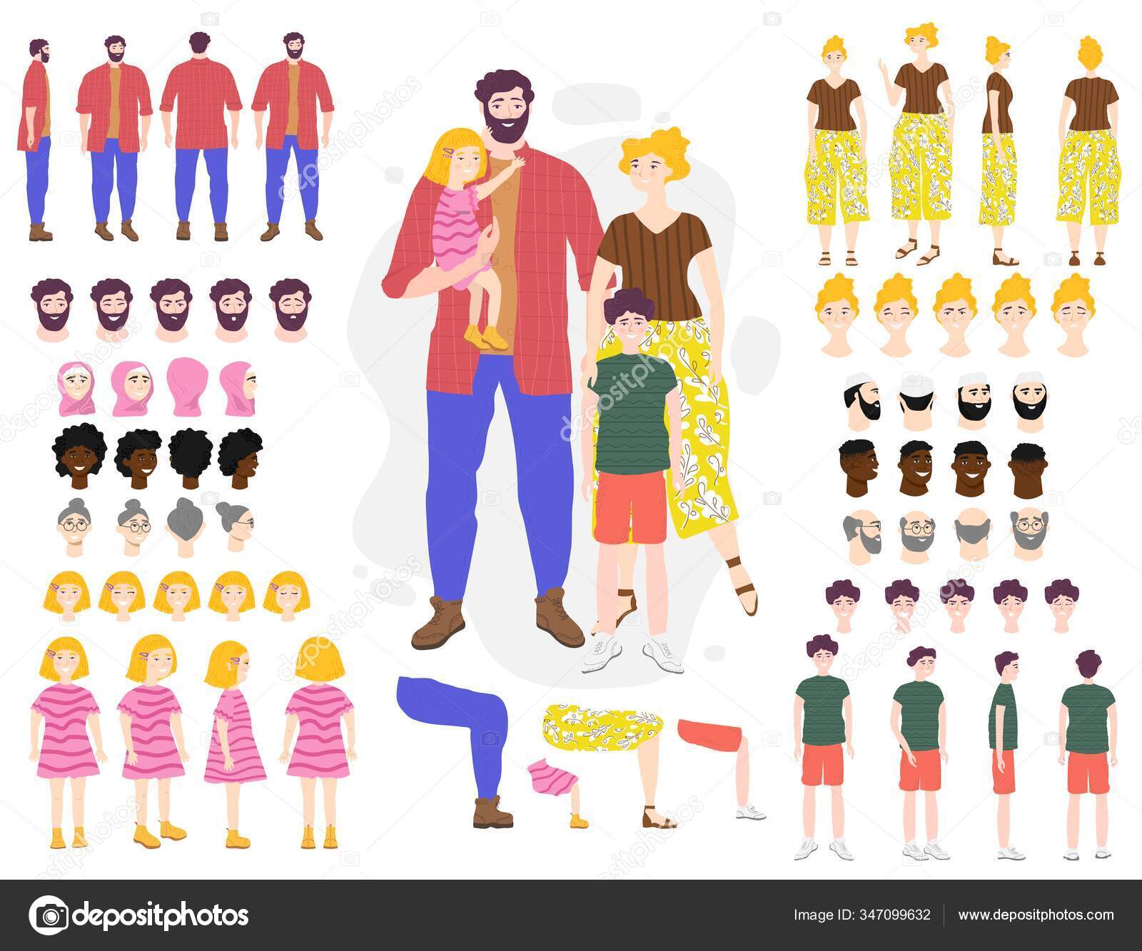 Rodinné kreslené postavičky konstruktor set vektorové ilustrace Stock ...