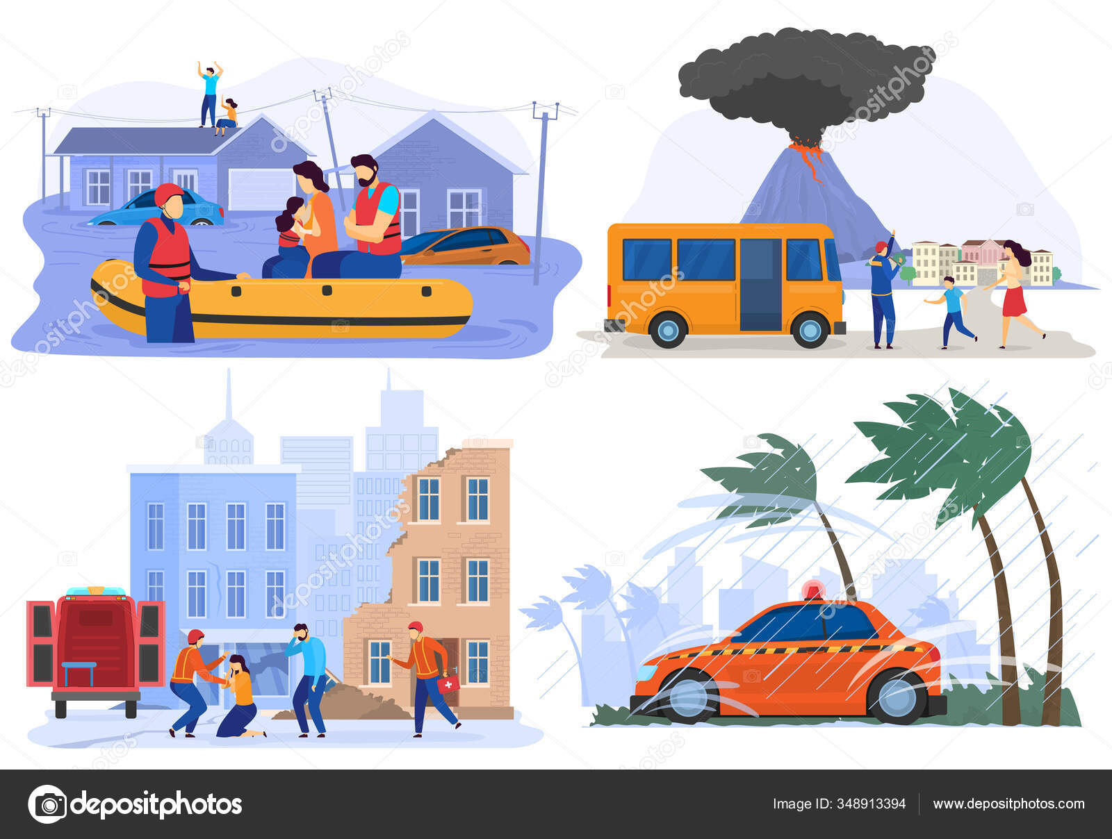 Emergency evacuating people from natural disasters, flood, earthquake ...