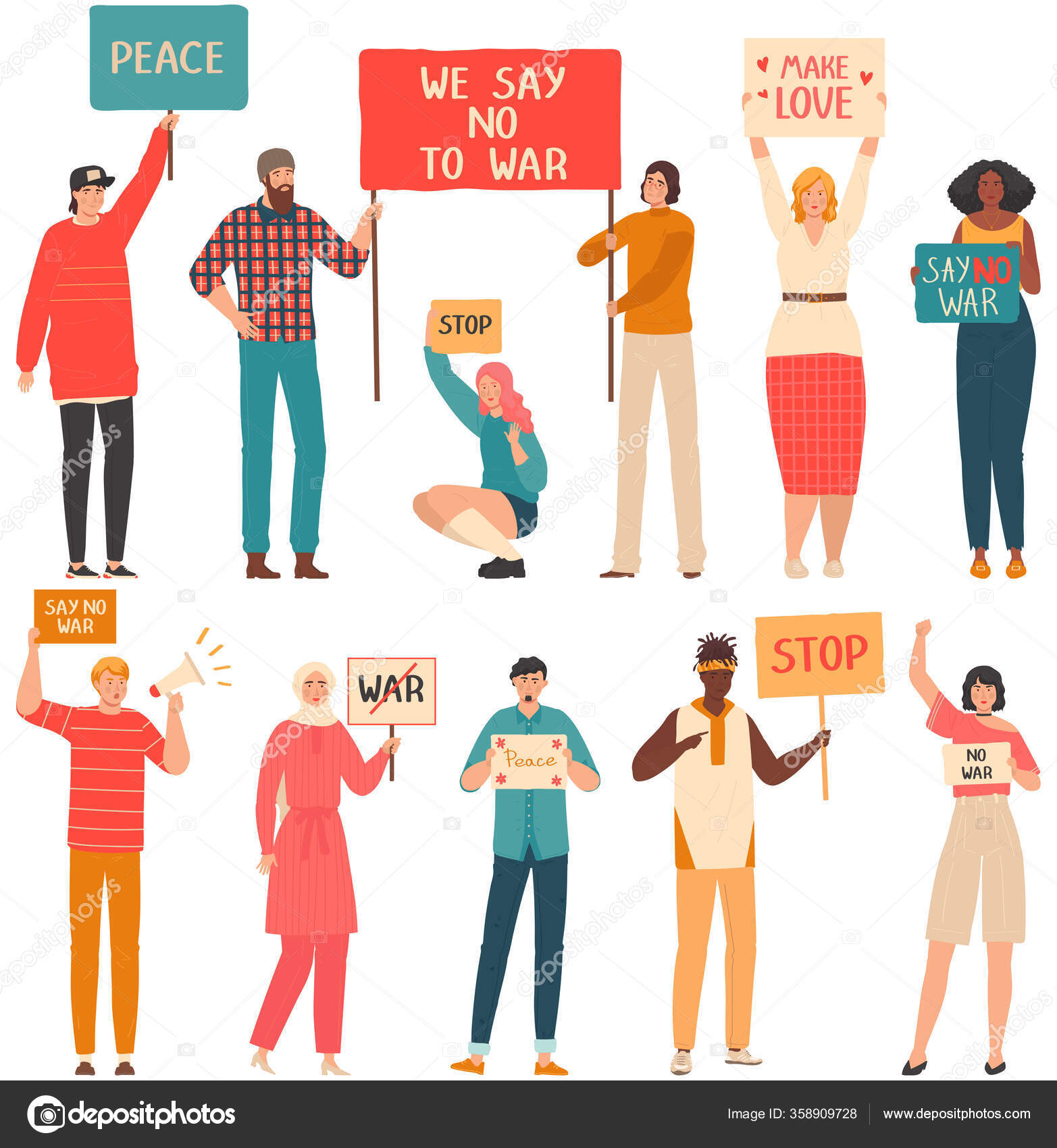 People protest against war, set of cartoon characters isolated on white ...