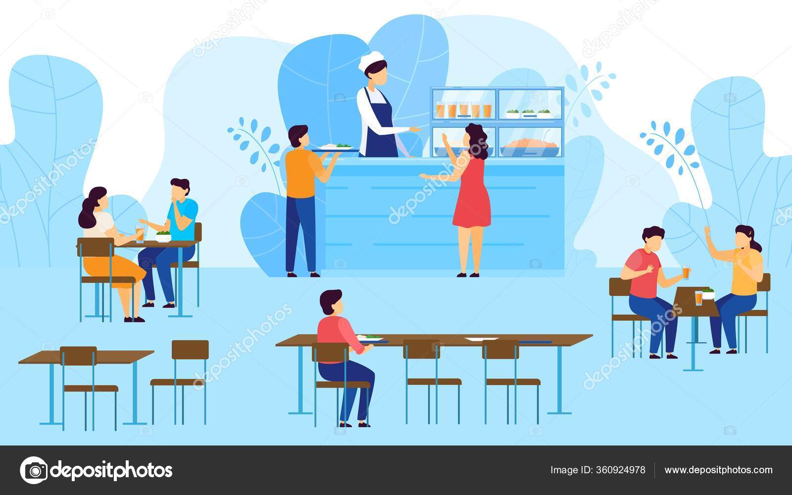 School canteen, cafeteria, children take tray with food, eating at tables, catering restaurant ...