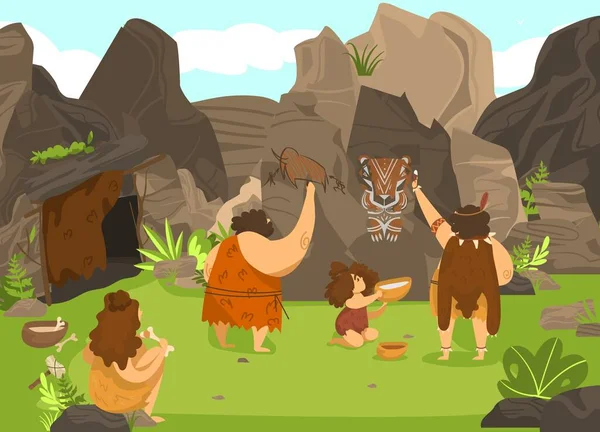 Primitive people prehistoric cartoon vector illustration before cave ...