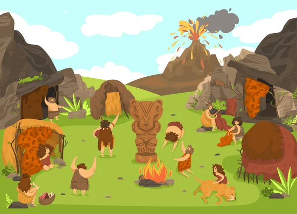 Primitive people prehistoric cartoon vector illustration before cave ...