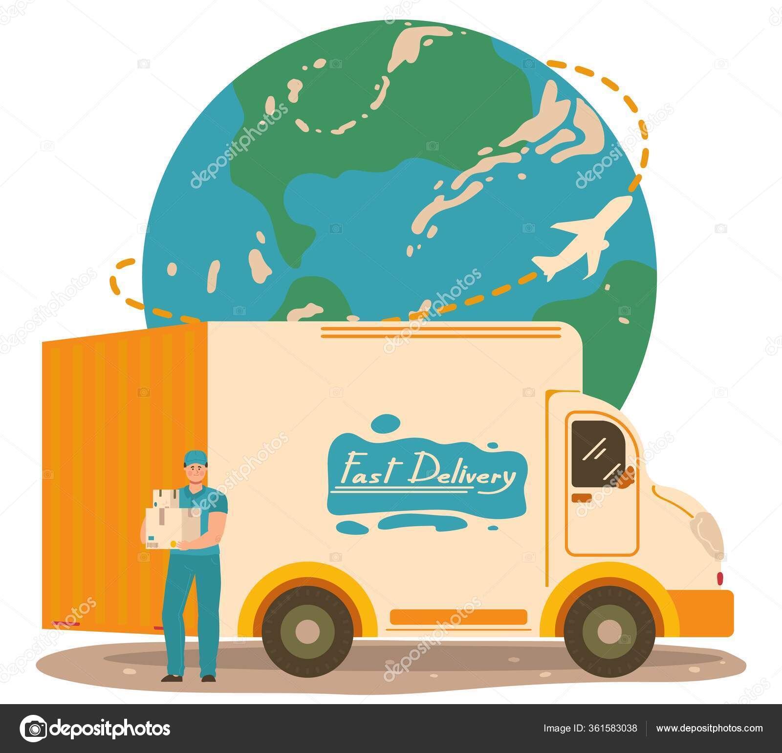 Parcel delivery, postal service, character male postman, delivery truck ...