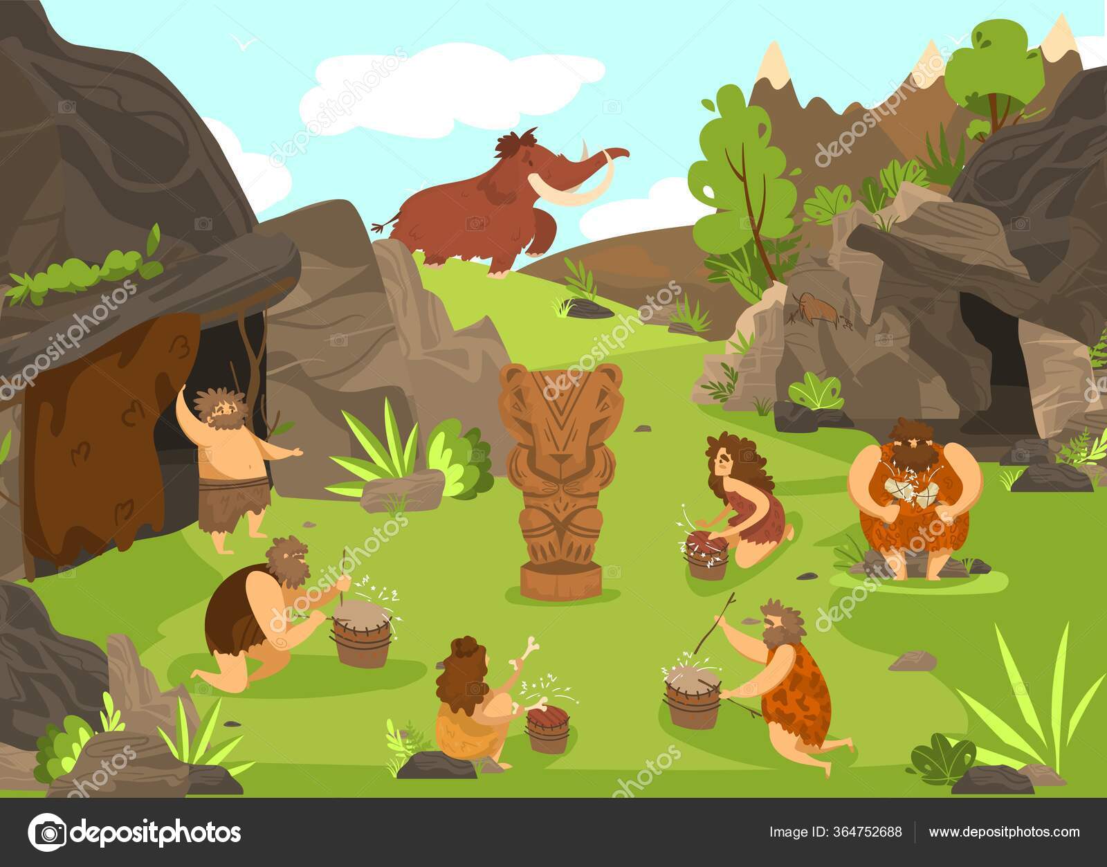 Primitive people prehistoric cartoon vector illustration before cave ...