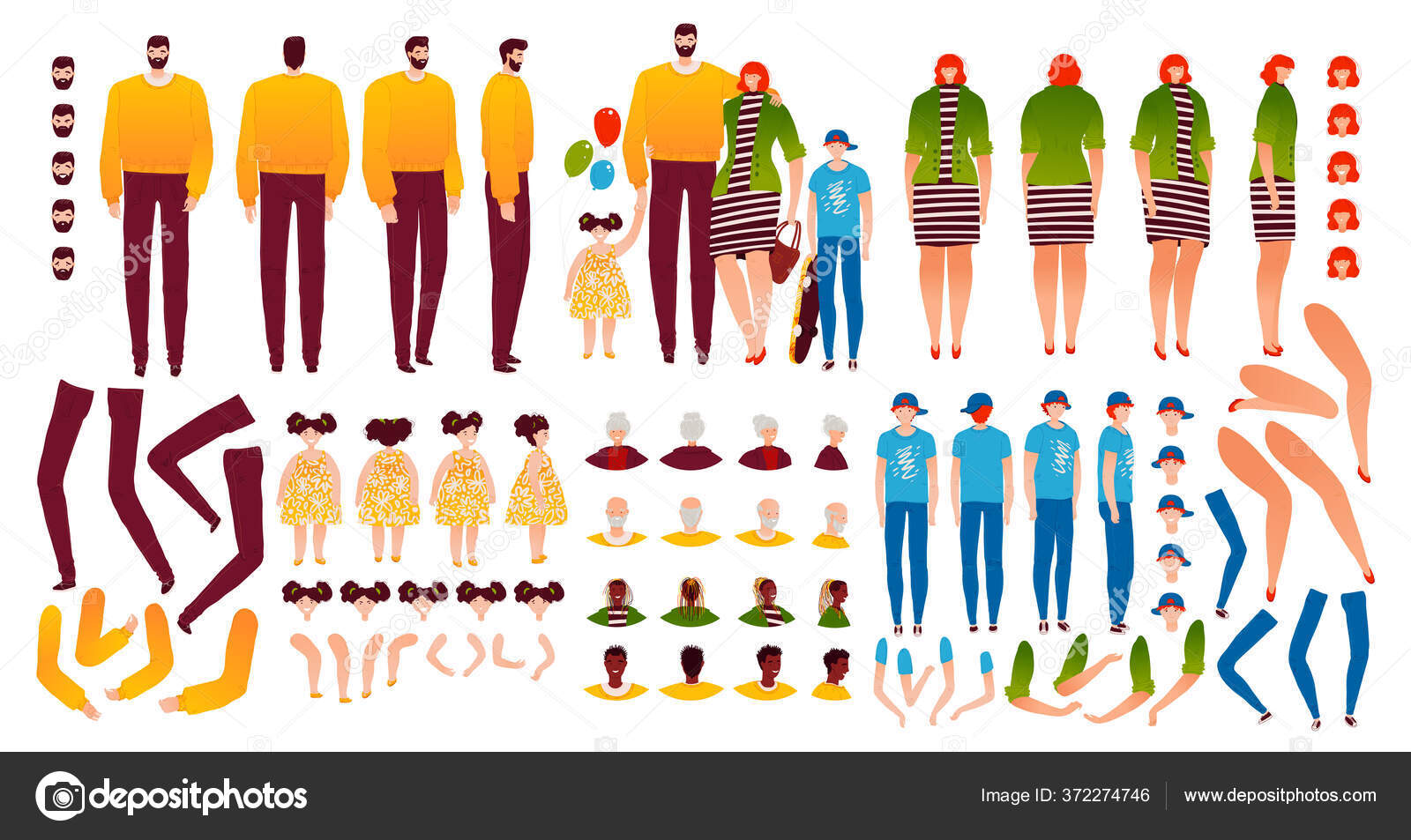 Family characters creation kit constructor with isolated legs, poses ...