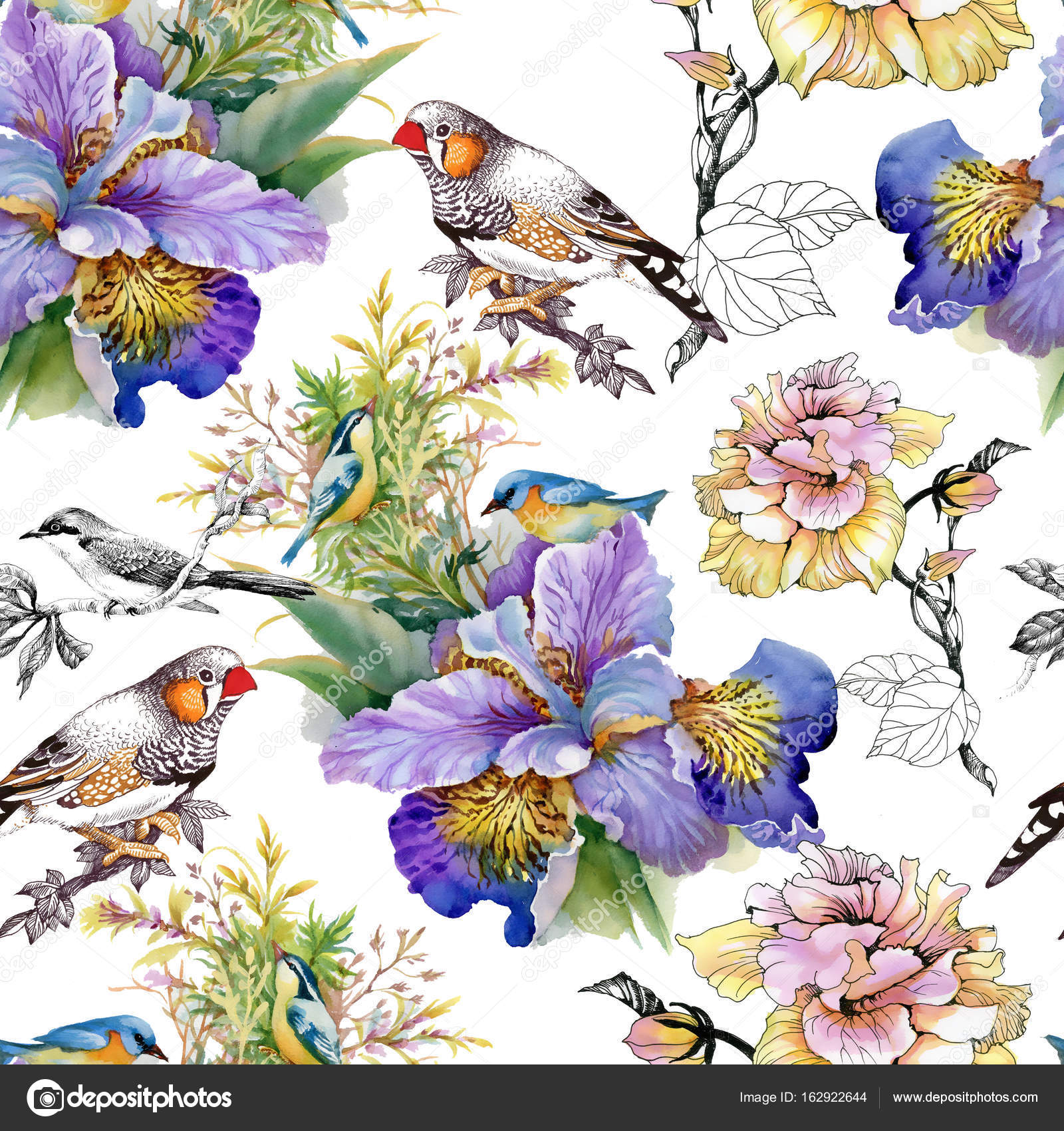 Flowers and birds seamless pattern Stock Photo by ©Kostan-PROFF 162922644