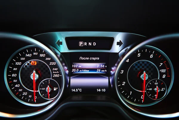 Modern car speedometer. Close up shot of the dashboard — Stock Photo ...