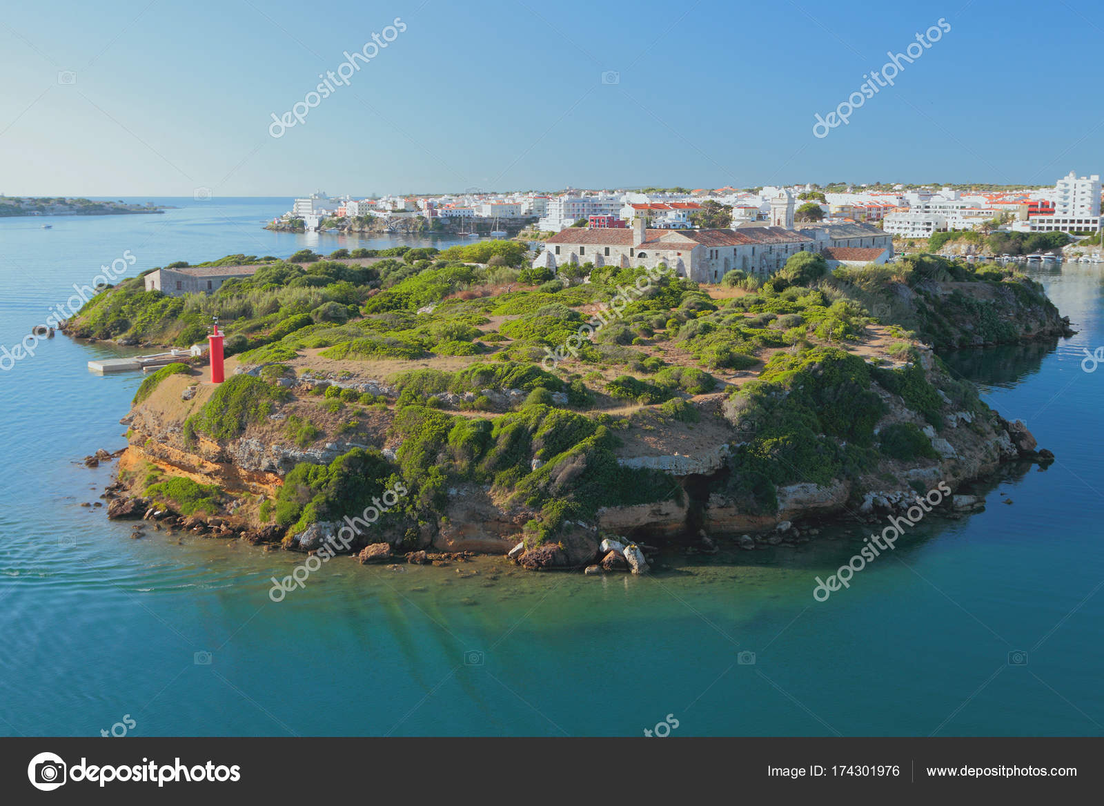 Island of Isla-del-Ray and city. Maon, Menorca, Spain Stock Photo by ...