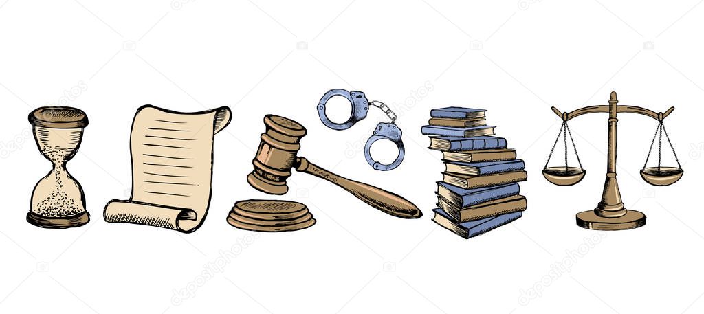 Conjunto de símbolos de ley. Escalas vector dibujado a mano. 2023