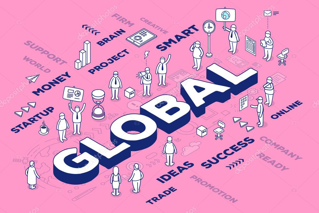 Vector illustration of three dimensional word global with people Stock ...