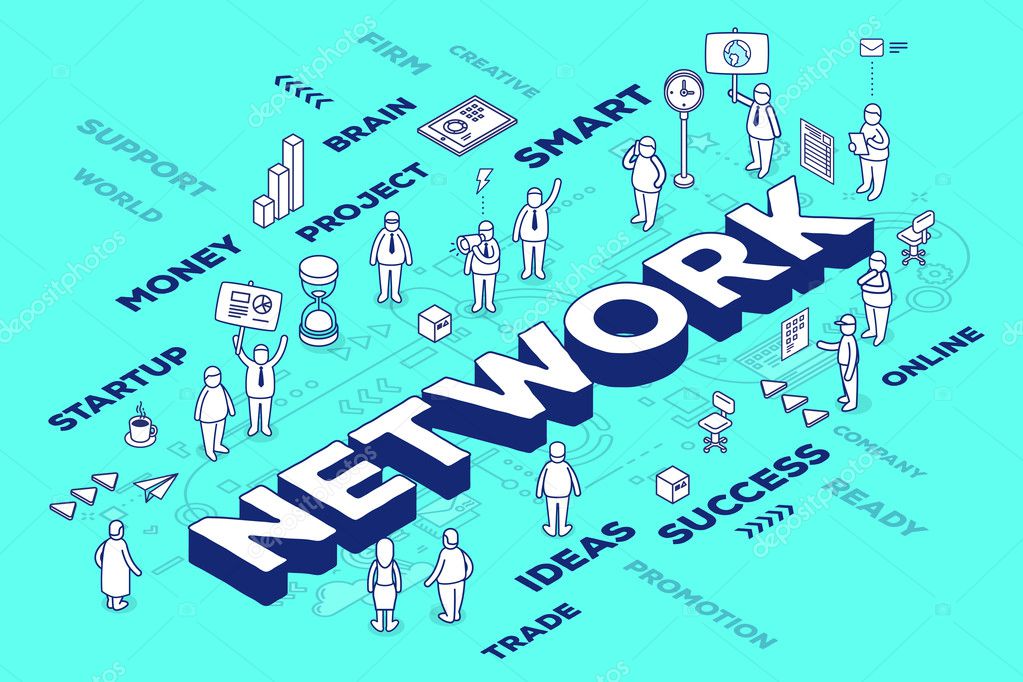 Vector illustration of three dimensional word network with peopl Stock ...