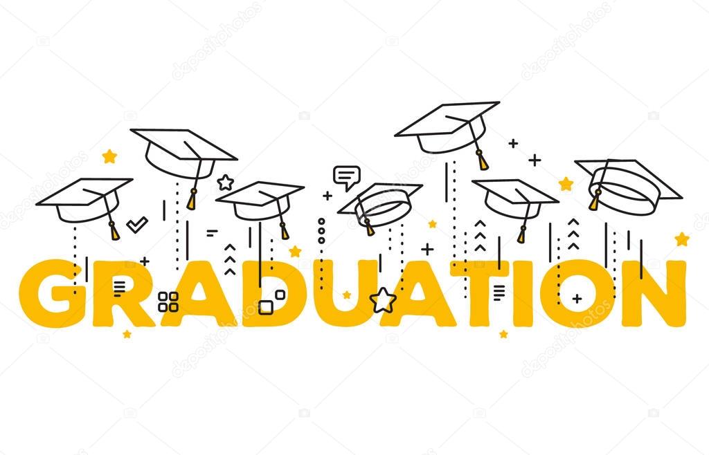 Vector illustration of word graduation with graduate caps on a w ...