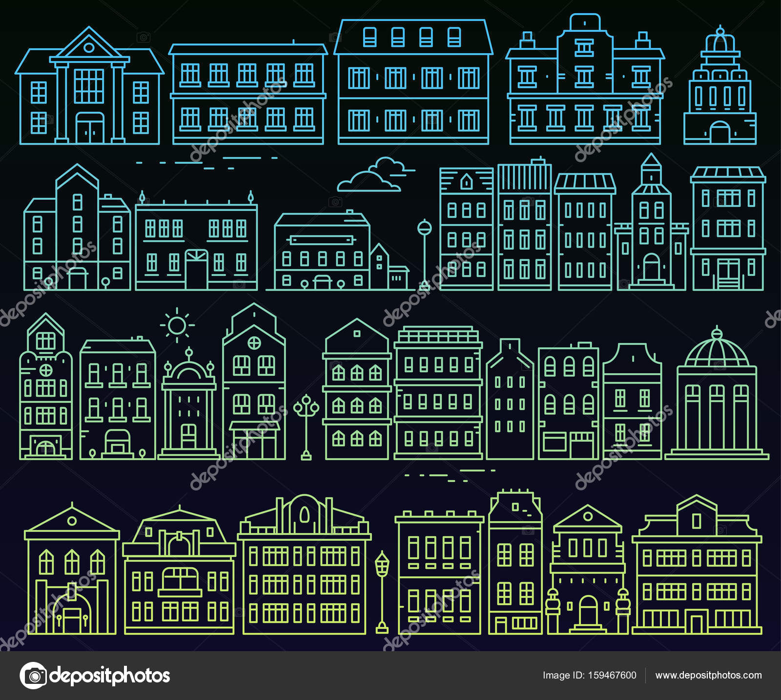 Big vector set of different urban structures at night. Illustrat ...