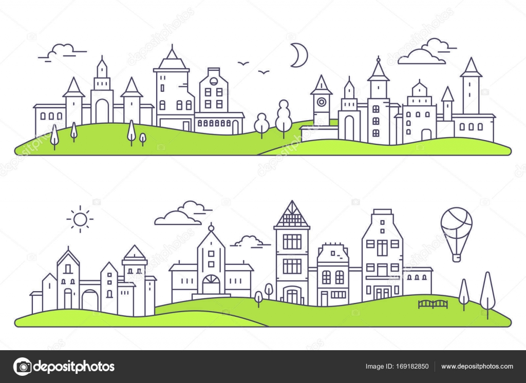 Vector illustration of two detailed city landscape on white back Stock ...