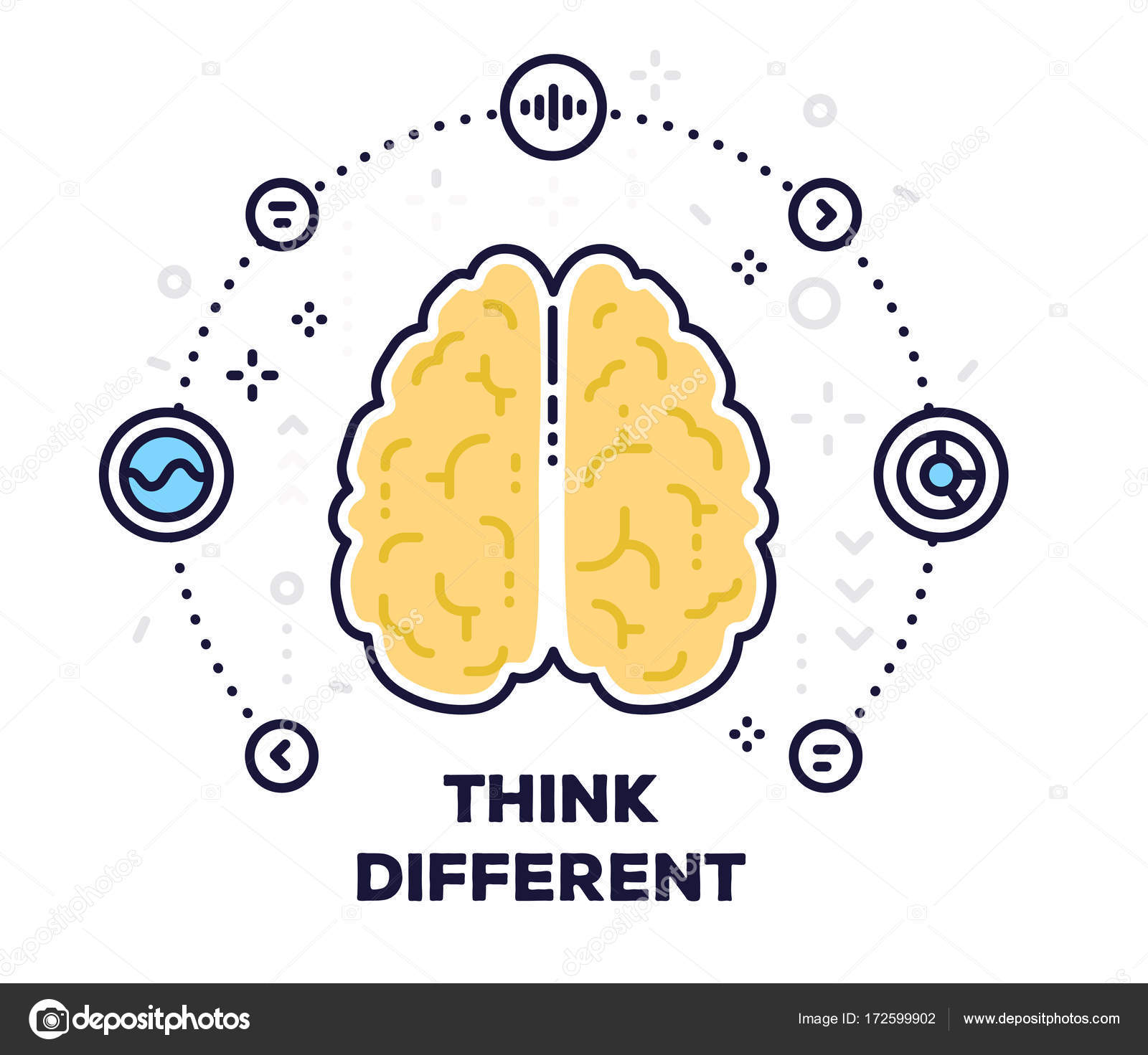 Vector illustration of a yellow brain with scheme and icons. Cre Stock ...