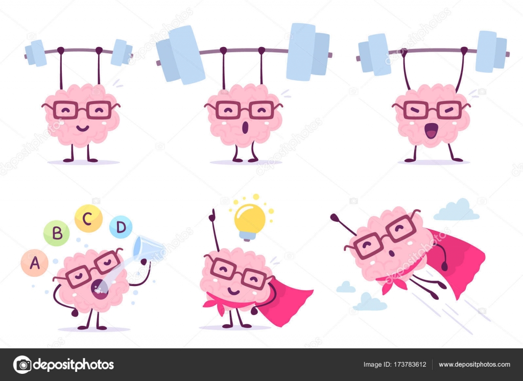 Very strong, healthy and smart cartoon brain concept. Vector set Stock ...