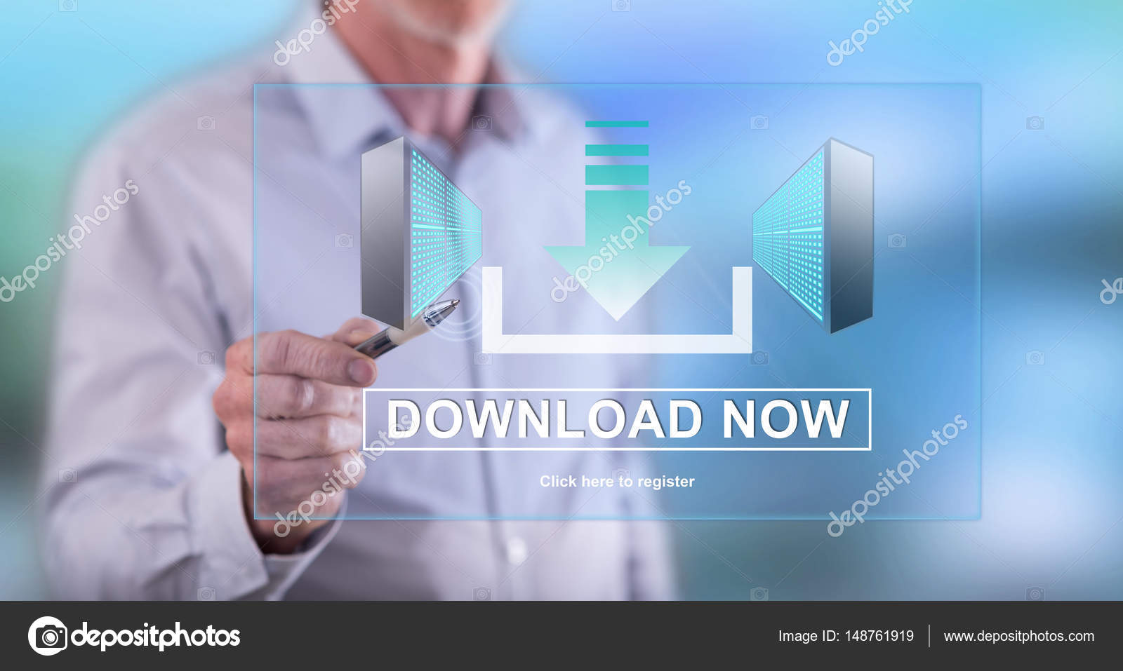 Man touching a download concept on a touch screen — Stock Photo ...