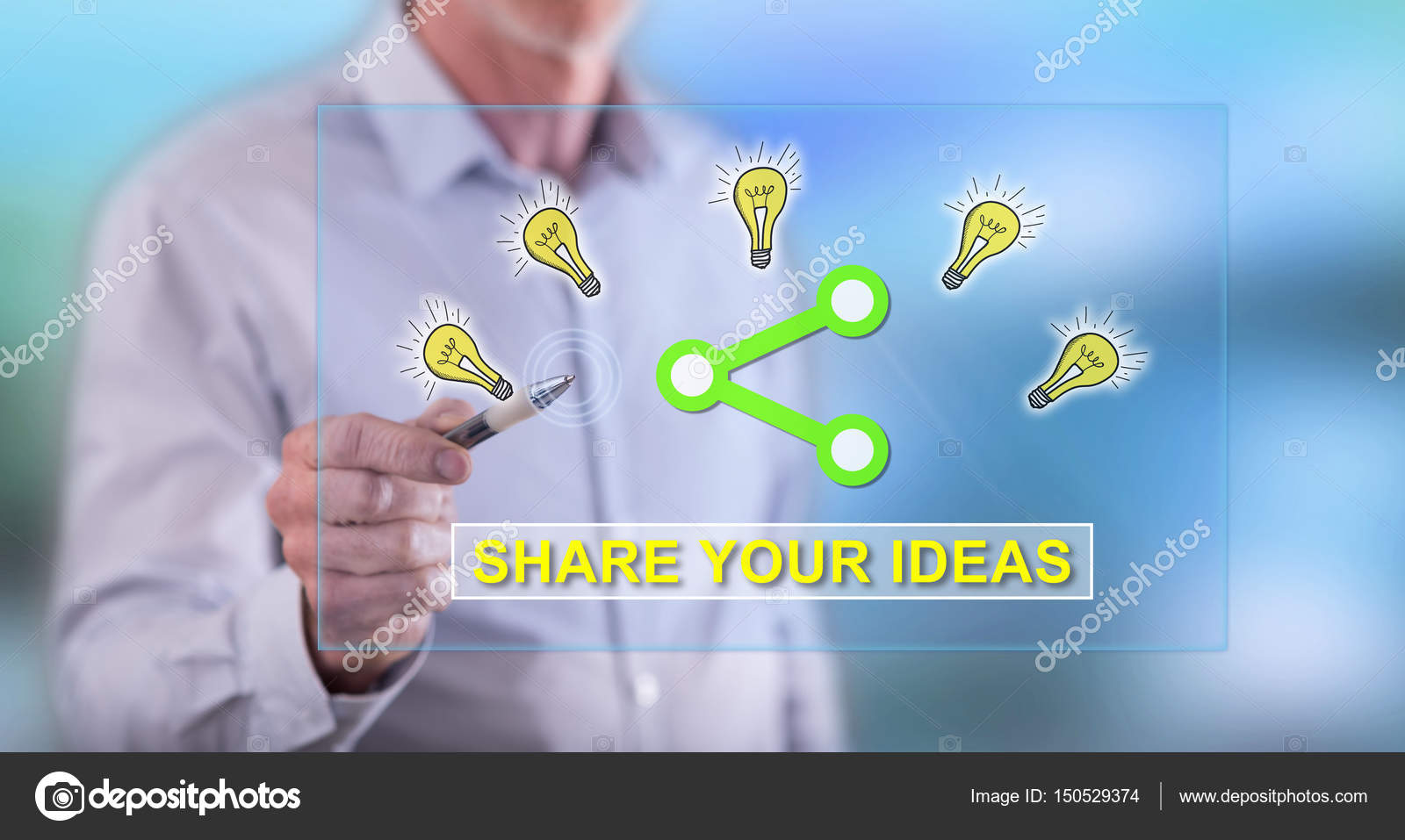 Man touching an ideas sharing concept on a touch screen Stock Photo by ...