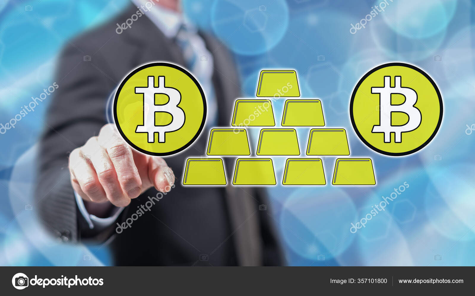 Man Touching Bitcoin Virtual Gold Concept Touch Screen His Fingers ...