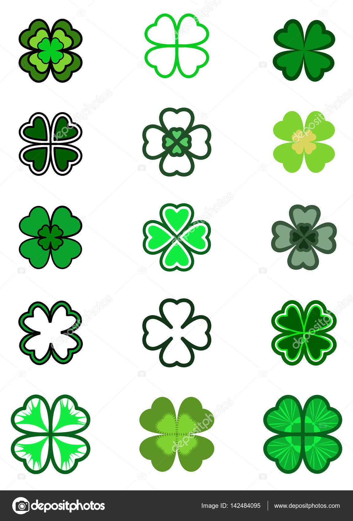Set leaf clover. Four leaf, silhouettes, stylized in green color Stock ...