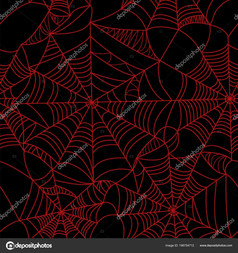 Halloween spider web Red on black background seamless pattern. S ...