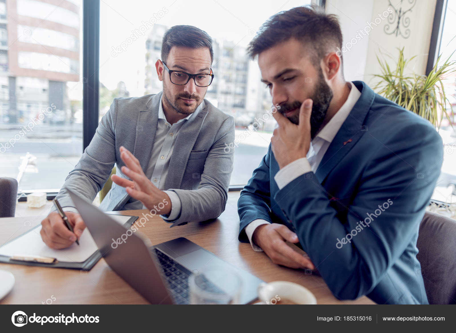 Closeup Portrait Two People Having Business Discussion Laptop Stock ...
