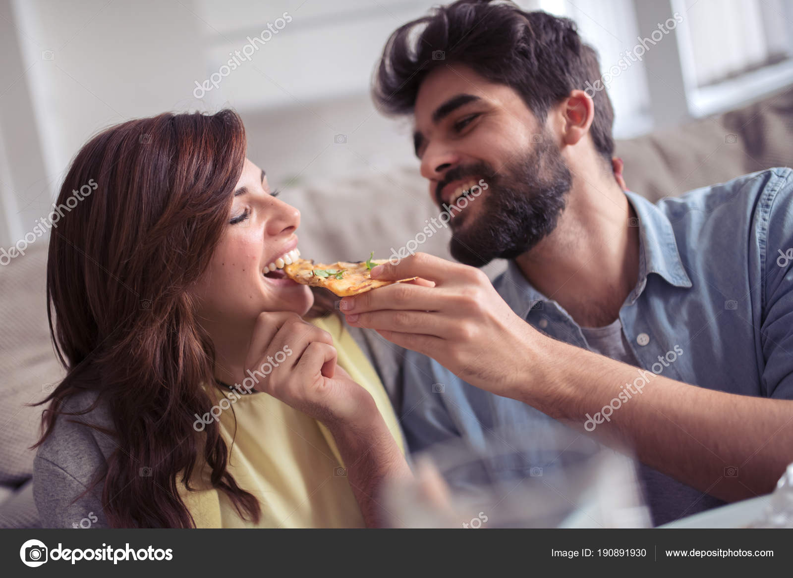 Romantic Couple Eating Pizza Home Stock Photo by ©Ivanko1980 190891930