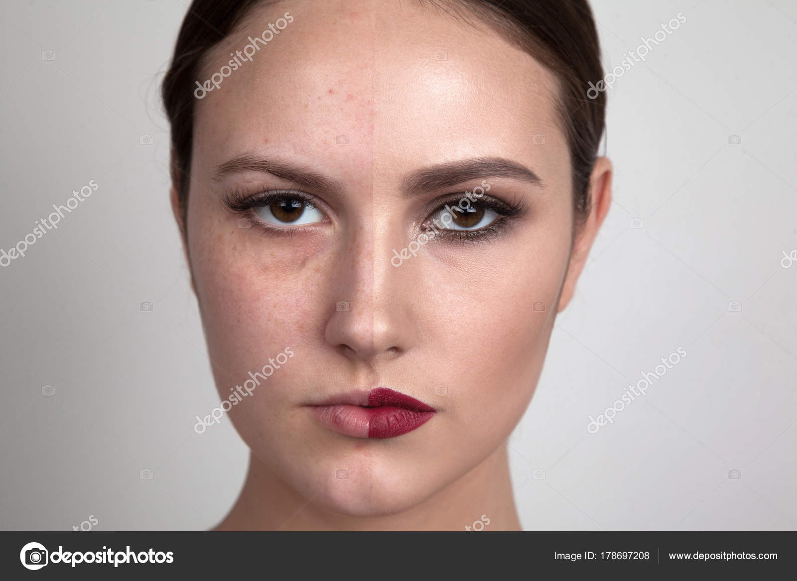 Woman with make-up on one side of the face and without make-up on the ...