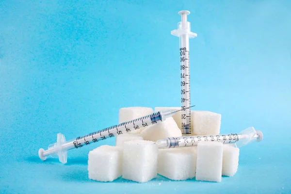 Three Insulin Syringes Lump Sugar Blue Background World Diabetes Day ...