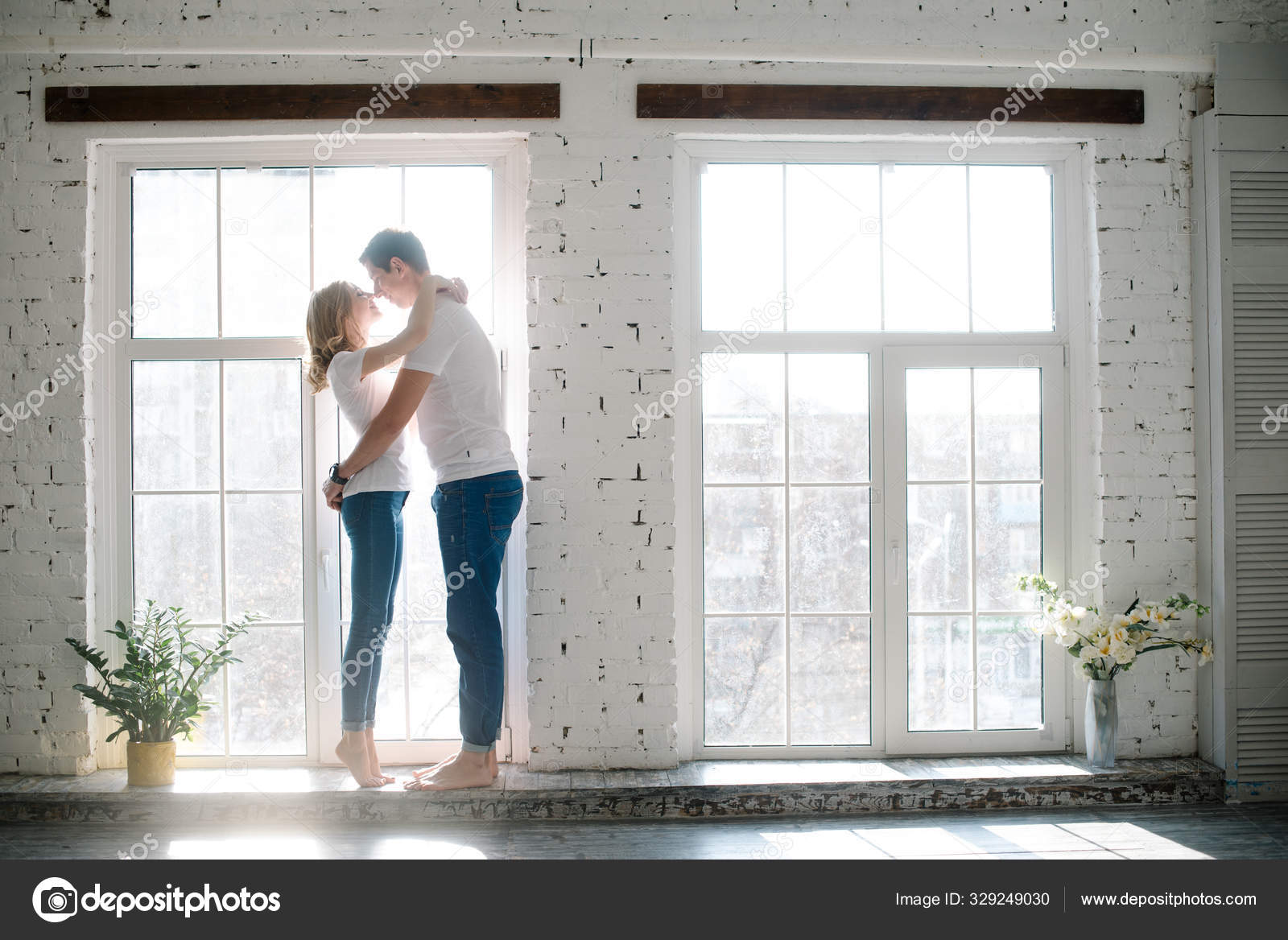 Tender Hugs Young Married Couple Hugging Looking Each Other Eyes ...