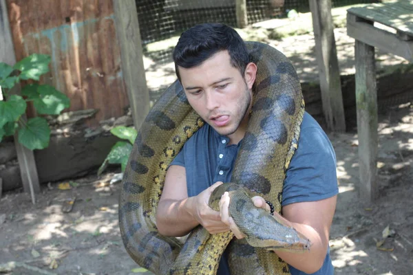 Close Portrait Handsome Young Man His Pet Snake Home — Stock Photo ...