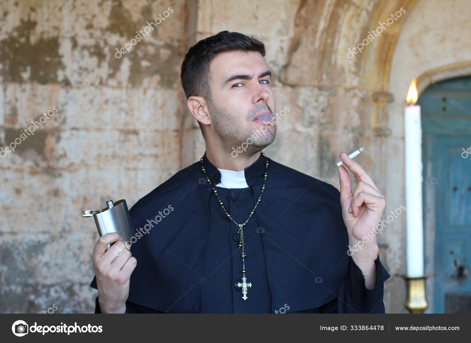 Priest Smoking Cigarette Drinking Alcohol Posing Church Background ...
