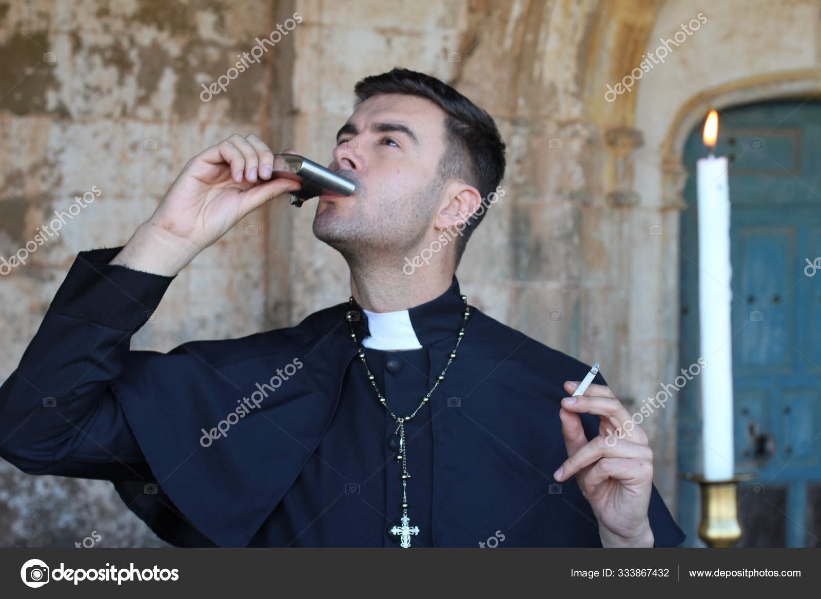 Priest Smoking Cigarette Drinking Alcohol Posing Church Background ...