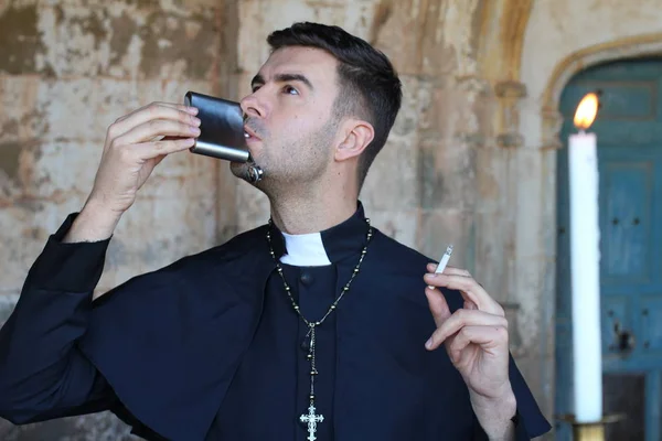 Priest Smoking Cigarette Drinking Alcohol Posing Church Background ...