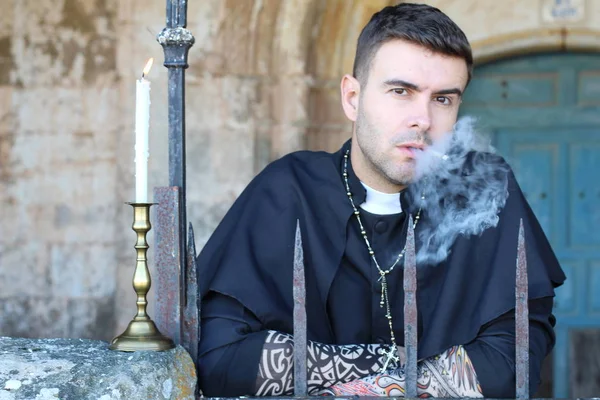 Priest Smoking Cigarette Drinking Alcohol Posing Church Background ...