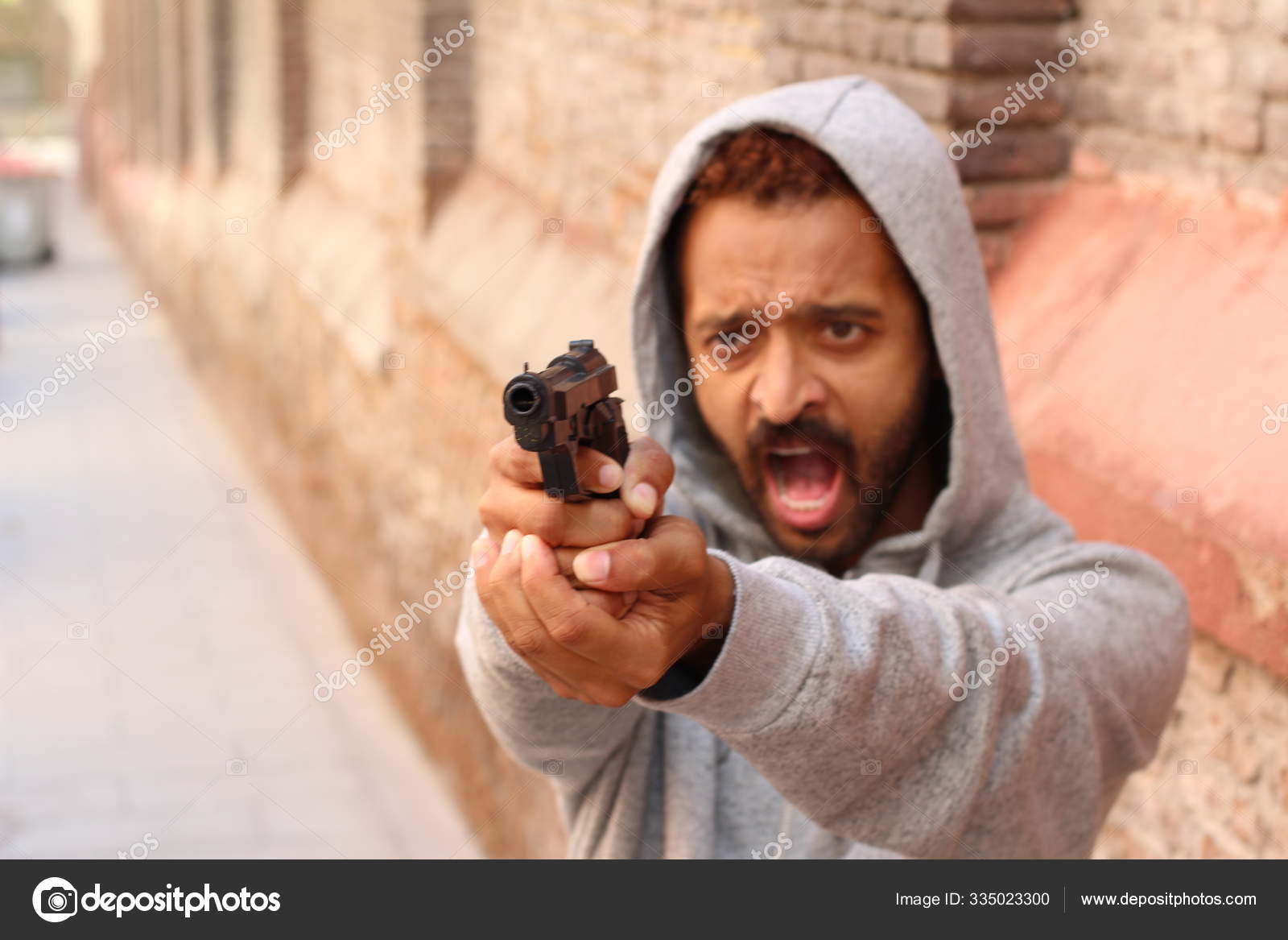 Close Portrait Aggressive Young Man Handgun Street — Stock Photo ...