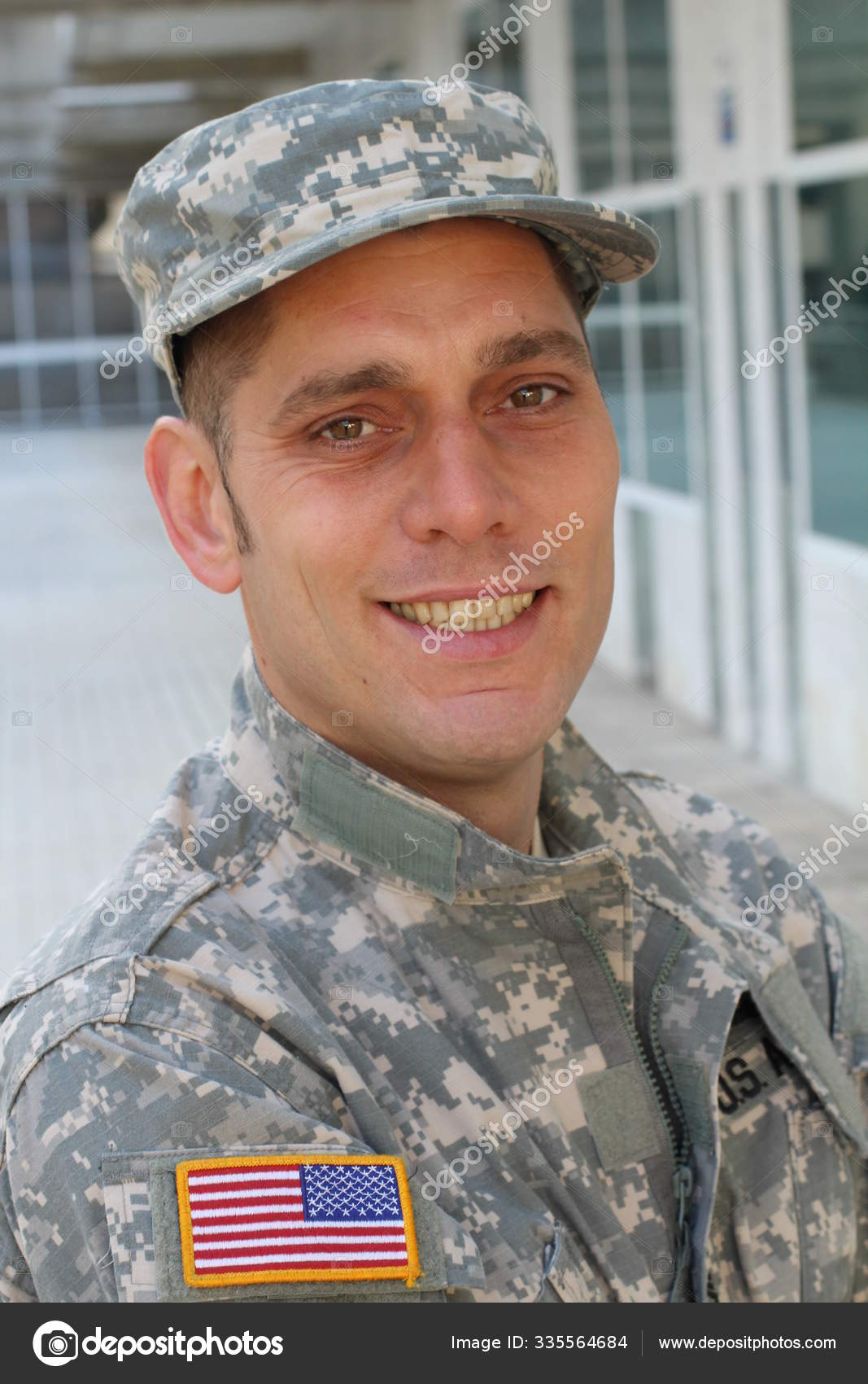 Close Portrait Handsome Young Soldier Uniform Street — Stock Photo ...