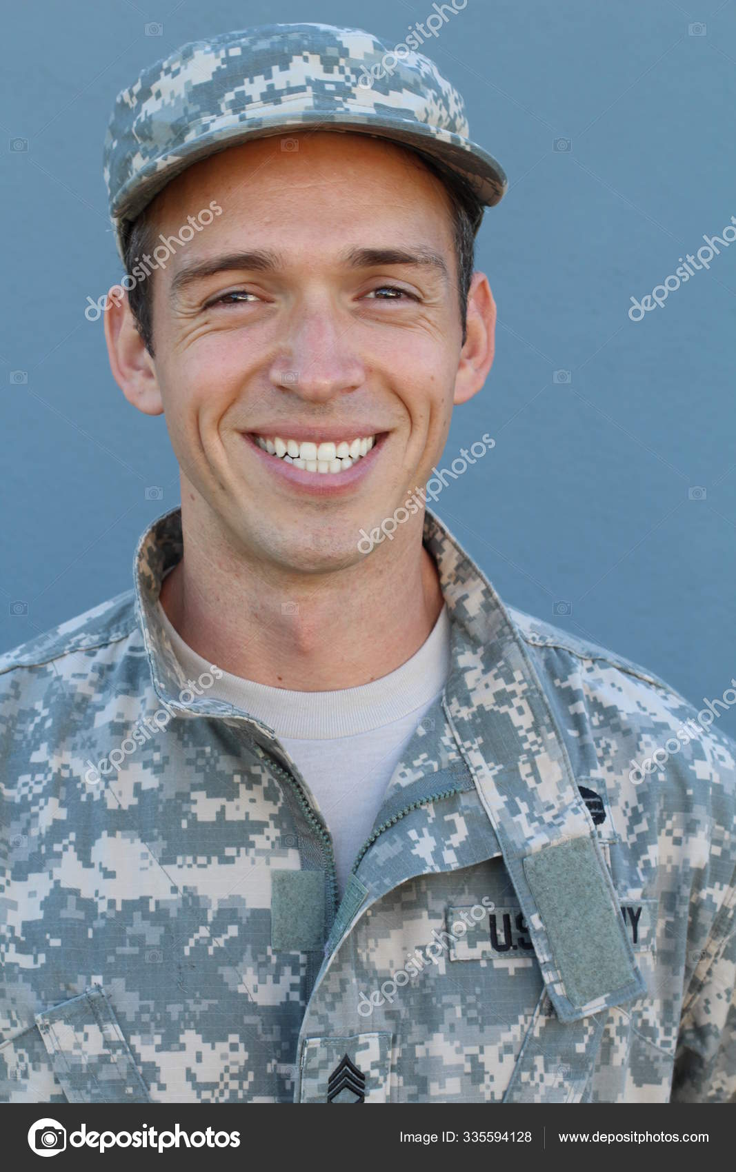 Close Portrait Handsome Young Soldier Uniform Cap Front Blue Wall ...