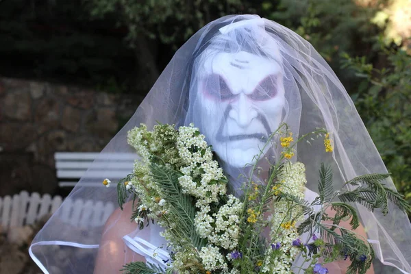 Close Portrait Shirtless Young Man Mask Black Veil Holding Doll — Stock ...