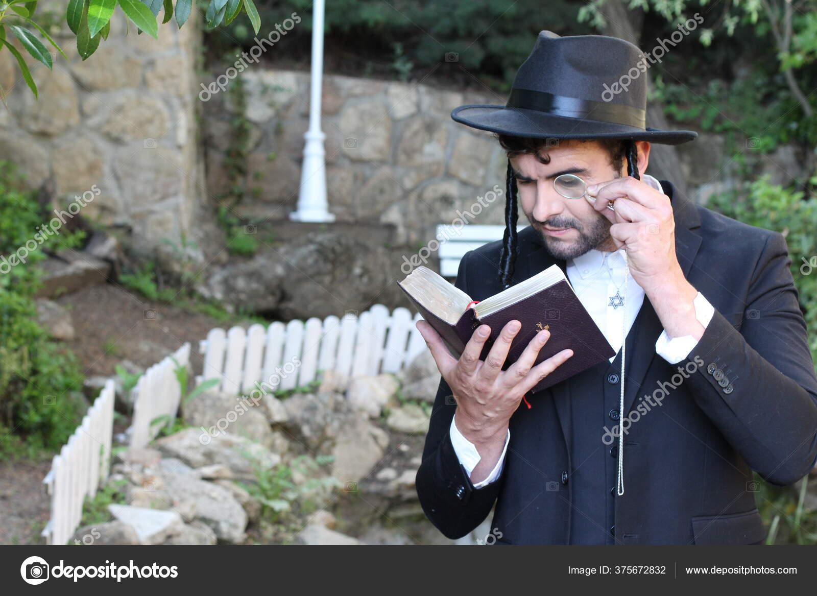 Close Portrait Handsome Young Rabbi Traditional Hat Tanakh Natural ...