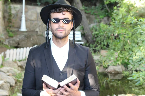 Close Portrait Handsome Young Rabbi Traditional Hat Tanakh Showing ...