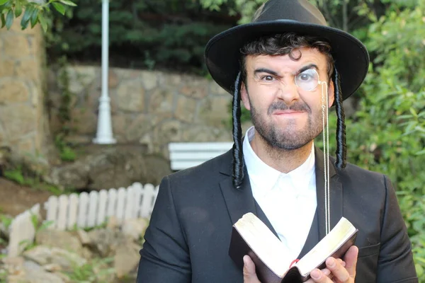 Close Portrait Handsome Young Rabbi Traditional Hat Tanakh Showing ...