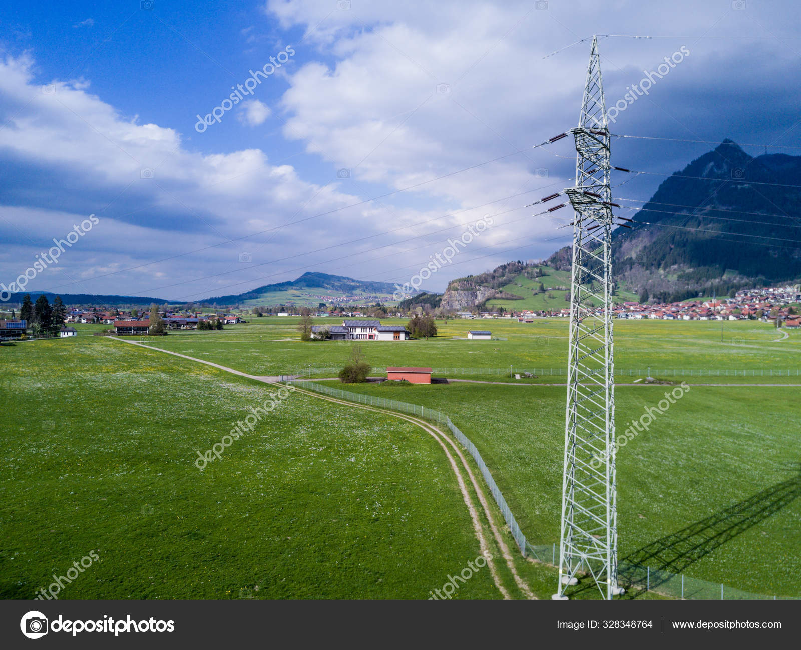 Aerial View Power Line Pylon Mountaineous Area Switzerland — Stock ...