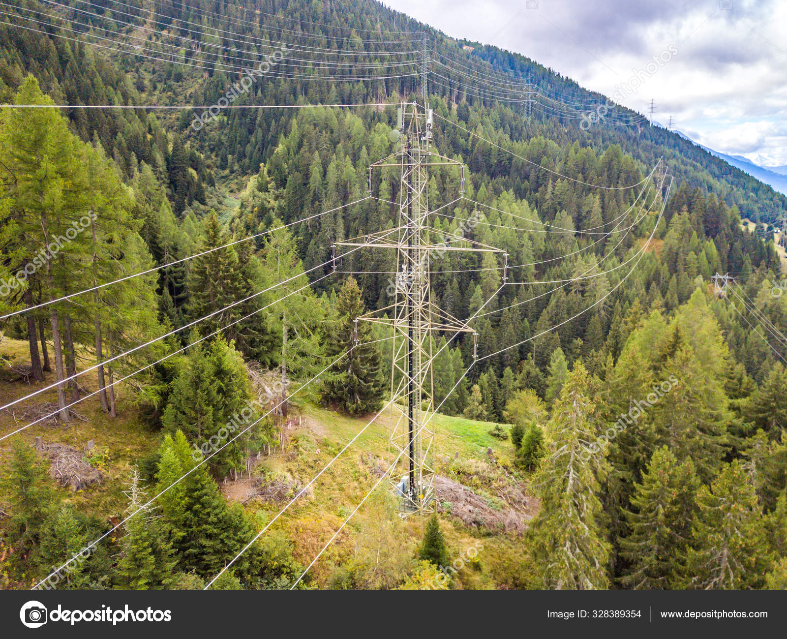 Aerial View Power Line Pylon Mountaineous Area Switzerland Stock Photo ...