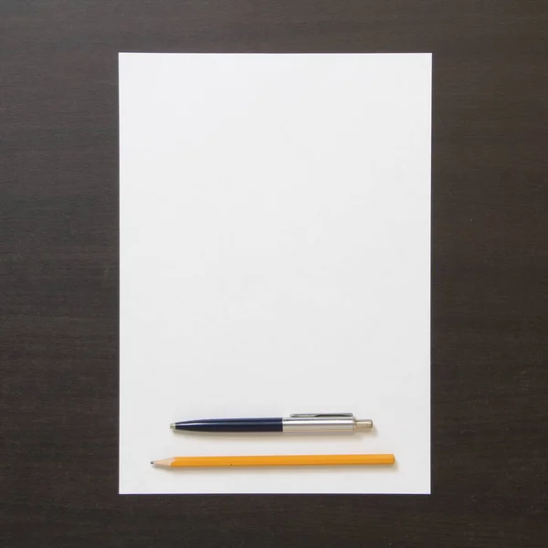 Template White Paper Pen Pencil Dark Wenge Color Wooden Background ...